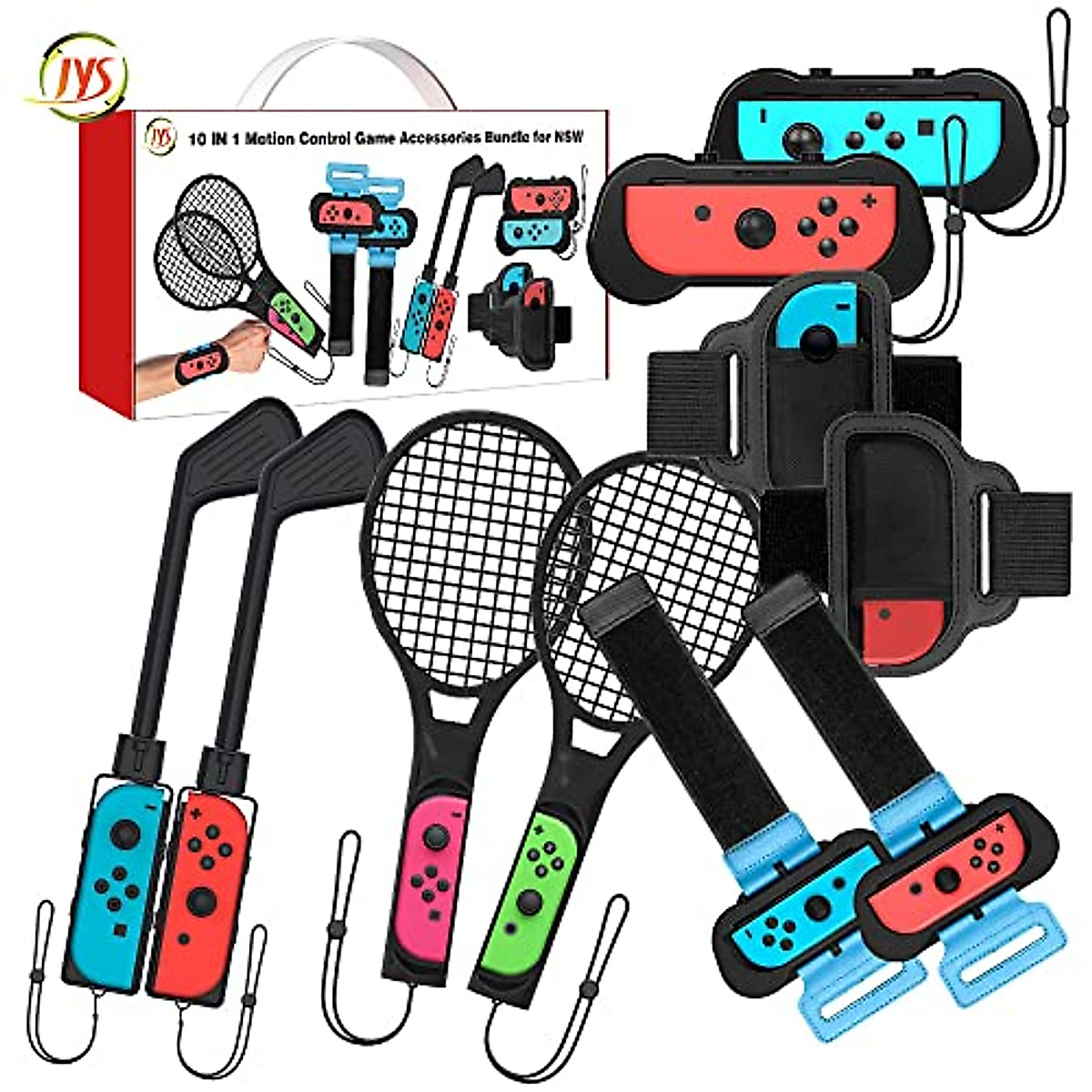 Switch Games Sports Accessories Bundle 10 in 1 Family Accessories Kit for Switch & Switch OLED: Golf Clubs, Just Dance Wrist Bands,Soccer Leg Straps,Joycon Grip Cases And Tennis Rackets (Black)