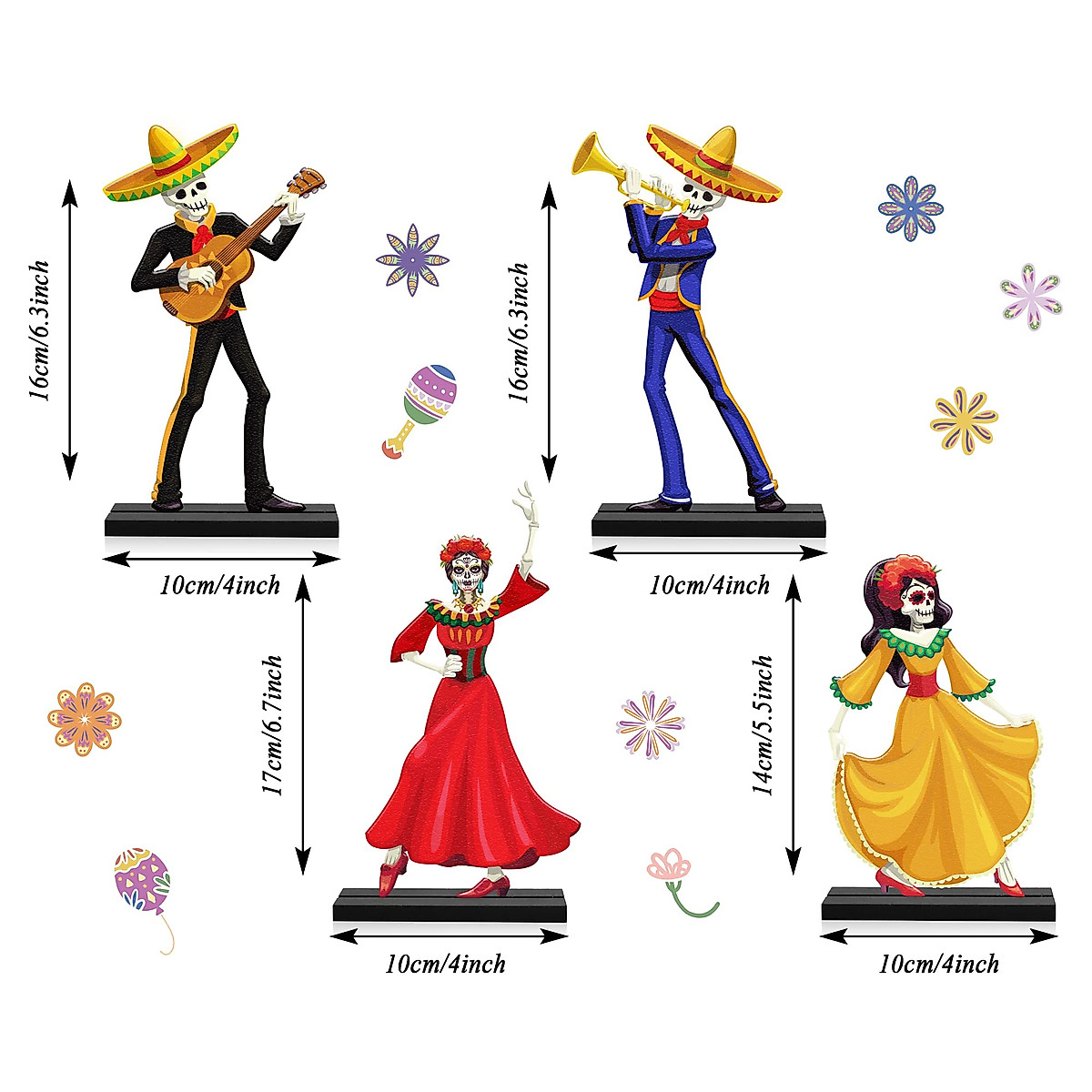 4 Pieces Day of The Dead Table Decorations Wooden Dia De Los Muertos Centerpieces Set Halloween Sign for Mexican Fiesta Carnival Party and Home Party Decorations Supplies