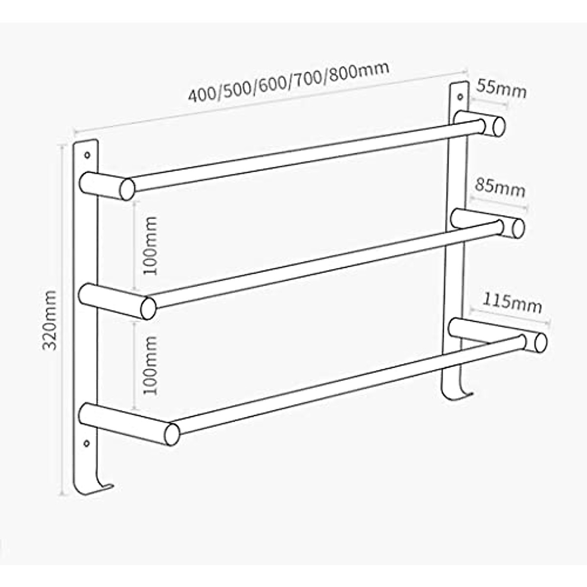 Towel Racks for Bathroom Towel Holder Wall-Mounted Towel Rack Towel Rail 304 Stainless Steel Bathroom Three-bar Towel Rod with Hook Kitchen Rack Towel Rack Bathroom Accessories (Color : 70cm)