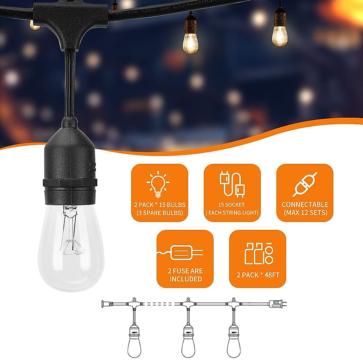 Joursdela 96FT 2-PACK outdoor string light 30 Incandesent edison string light ST14 clear bulb linkable and dimmable for patio, bistro garden Christmas decor