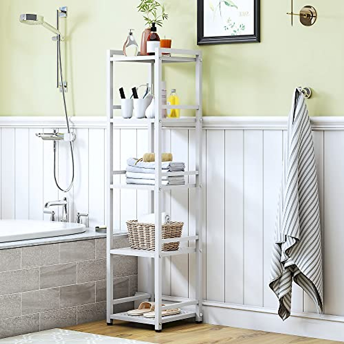 villertech 5 Tier Metal Storage Shelving Units Bathroom Standing Shelves Narrow Storage Rack Shelf for Kitchen Living Room Office Laundry Pantry White