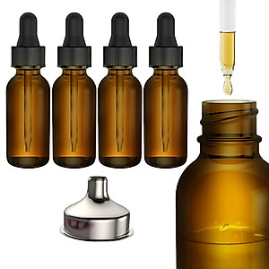 Nylea 4 Pack Essential Oil Bottles - Round Boston Empty Refillable Amber Bottle with Glass Dropper [ Free Stainless Steel Funnel ] for Liquid Aromatherapy Fragrance Lot - (1/3 oz) 10ml