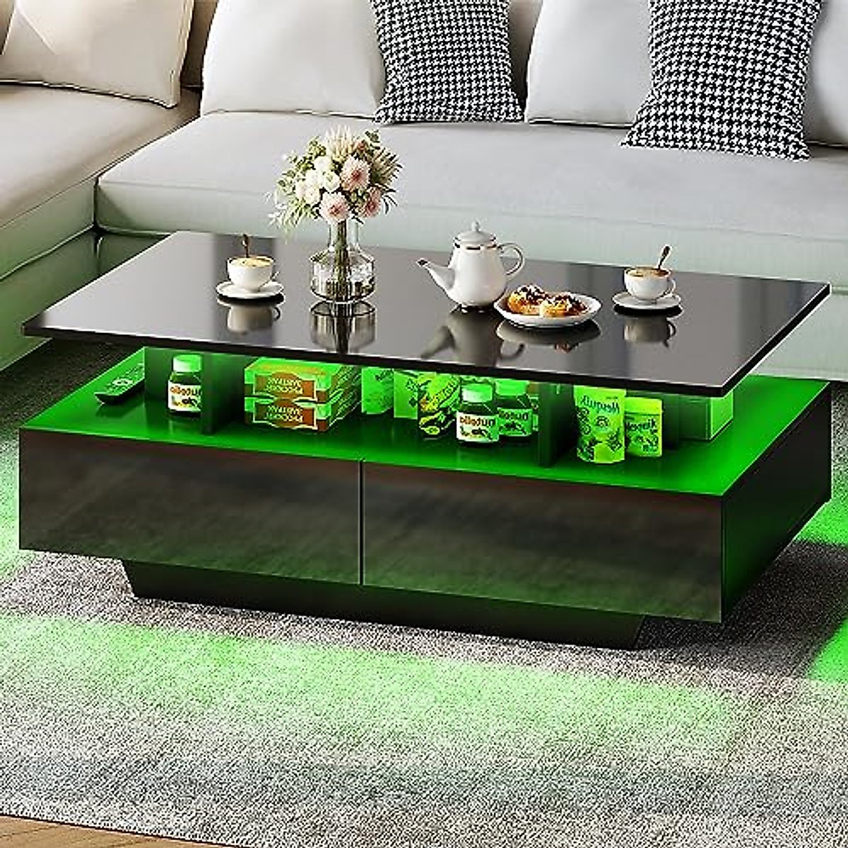 YITAHOME LED Coffee Table with Storage, High Glossy LED Coffee Tables for Living Room, Small Center Table with Open Display Shelf & Sliding Drawers, Black