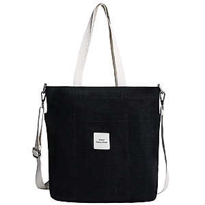 Iswee Canvas Tote Bag with Zipper Multi Pockets Tote Purse for Women Fashion Crossbody Tote Shoulder Bag Handbag Everyday Bag(IUU009-Black)