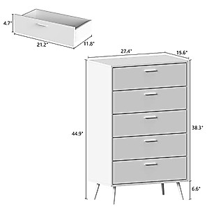 AIEGLE 5 Drawer Dresser, Chest of Drawers with Metal Legs, Wood Dresser Storage Chest Drawers for Bedroom, Living Room, White (27.4" W x 15.7" D x 45" H)