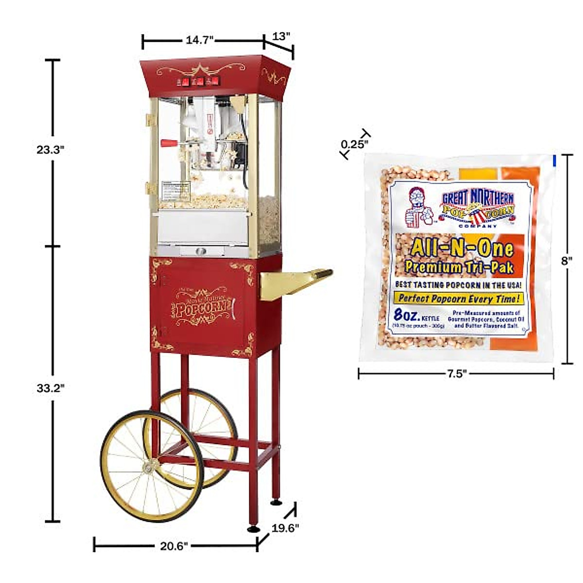 Matinee Popcorn Machine and Cart – 3 Gallon Popcorn Popper, 8oz Kettle, Warmer, and 5 All-In-One Popcorn Packs by Great Northern Popcorn (Red)