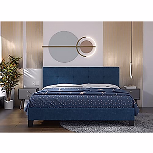 Melpomene Queen Bedframe Navy Linen Upholstered, Staycation Style Mattress Foundation with Wood Slats and Headboard for Bedroom