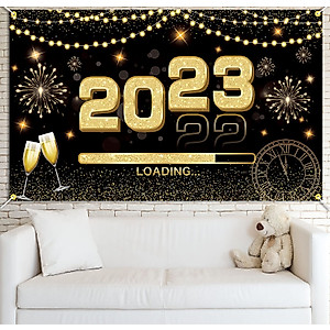 JKQ 2023 Happy New Year Backdrop Banner 71 x 43 Inch Large Size New Year Background Banner 2023 Loading New Year Holiday Party Decorations Black Gold 2023 New Years Eve Party Photo Booth Props