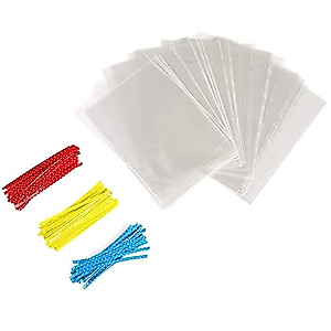 100 Pcs 10 in x 6 in Clear Flat Cello Cellophane Treat Bags Good for Bakery, Cookies, Candies ,Dessert(by Brandon)1.4mil.Give Metallic Twist Ties!