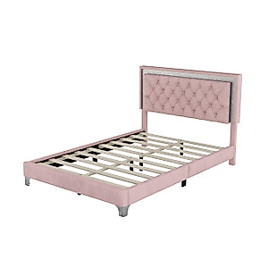 BEDGJH Upholstered Full Size Bed Frame with LED Lights, Modern Velvet Platform Bed with Tufted Headboard, Perfect for Kids Teens Girls & Boys Bedroom,No Box Spring Needed/Easy Assembly (Pink, Full)