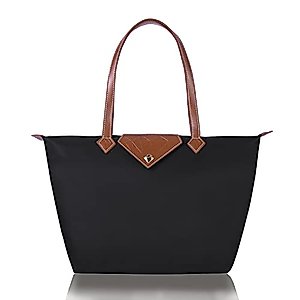 BOJLY Women Tote Bag,Stylish Waterproof Nylon Ladies Shoulder Bag, Folding Beach Travel Bag for Work,Shopping, School Black Large