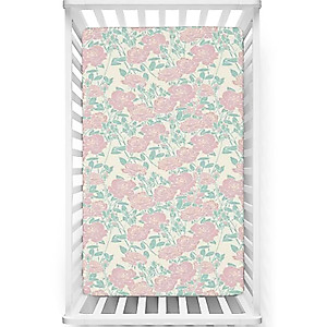 Rose Themed Fitted Crib Sheet,Standard Crib Mattress Fitted Sheet Ultra Soft Material-Baby Crib Sheets for Girl or Boy,28“ x52“,Almond Green Champagne Blush
