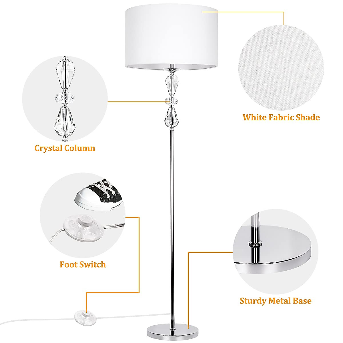 Dott Arts Floor Lamp for Living Room, Modern Standing Lamp with Dimmer, Crystal Reading Floor Lamp Silver Corner Light for Bedroom, Bright 8W Bulb Included
