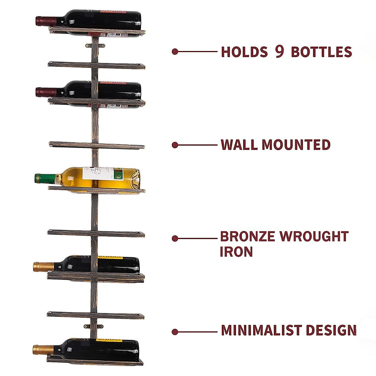 Gdrasuya10 Wall Mounted Wine Rack for 9 Bottles, Bronze Iron Wall Wine Rack Wine Storage Display Holder Simple Wine Bottle Hanging Holder Rack for Living Room