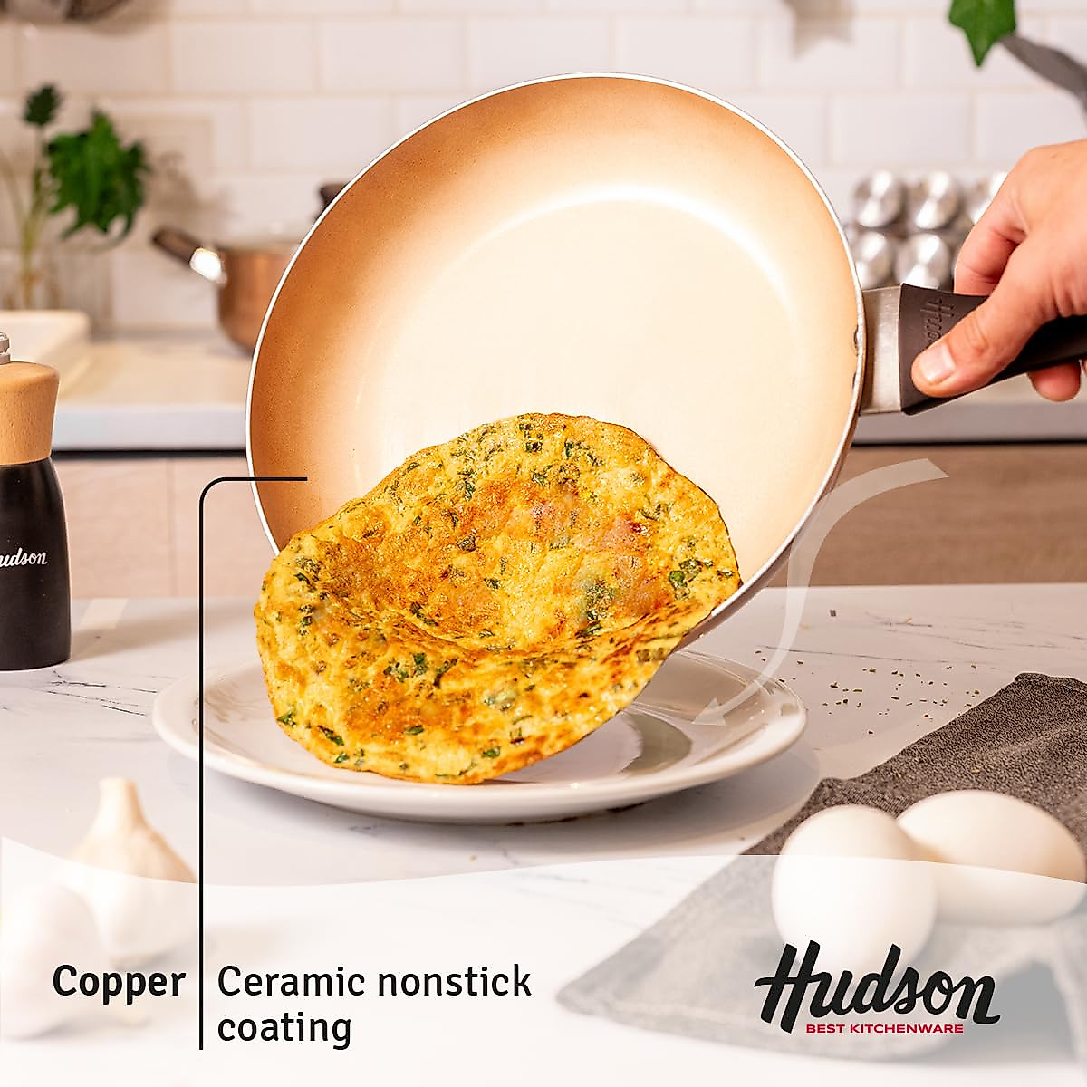 HUDSON Crepe Pan has Ceramic Nonstick, 8.7, Cookware, Pots and Pans, Copper