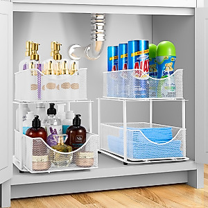 Sorbus 2 Tier Under the Sink Organizer Baskets with Mesh Sliding Drawers —Ideal for Cabinet, Countertop, Pantry, and Desktop, for Bathroom, Kitchen, Office, etc.—Made of Steel (White)