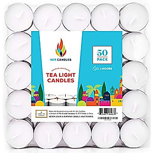 Ner Candles Unscented Tea Lights Candles in Bulk, Smokeless, Dripless & Long Lasting Tea Candles, Small Votive Mini Tealight Candles for Home, Pool, Shabbat, Weddings & Emergencies (Pack of 50)