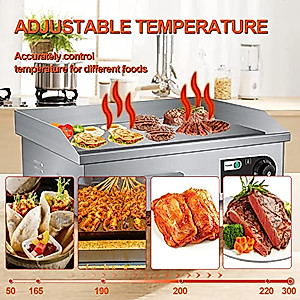 PROMOTOR 22" Electric Countertop Flat Top Griddle 1600W 110V Non-Stick Commercial Restaurant Teppanyaki Grill Stainless Steel Adjustable Temperature Control 50~300℃