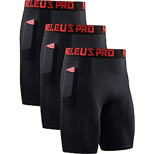 NELEUS Men's Compression Shorts with Pockets 3 Pack,6064,Black/Black/Black,US L,EU XL