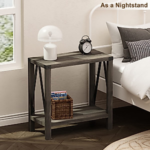 ChooChoo Farmhouse End Table for Small Spaces, Narrow Side End Table with Storage Shelf, Rustic A-Design Nightstand Sofa Table for Living Room, Bedroom (Grey) 2 Pack
