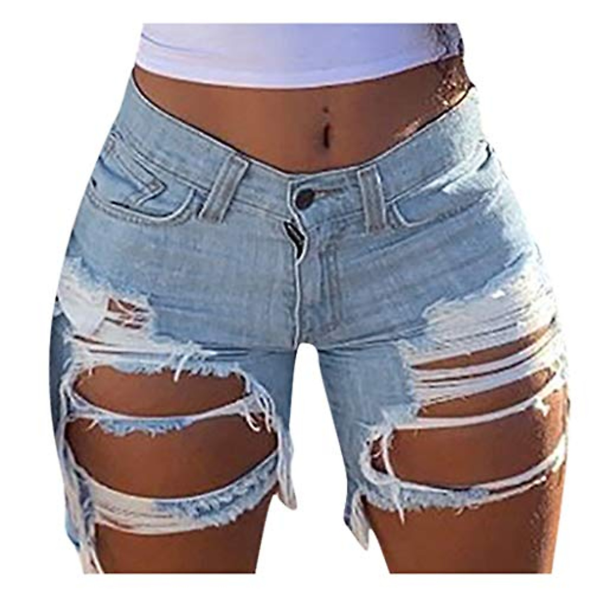 GDJGTA Women Jeans Shorts Pants Overalls Pants Stretch-Free Slim Hole Distressed Casual Fit Hot Pants Light Blue