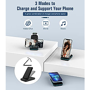 MoKo 15W Qi Fast Charging Station, 3 in 1 Wireless Charger Stand Foldable Charger Dock Compatible with iPhone 13/12/SE/Pro/11/XS/XR/X/AirPods 3/2/Pro/Apple Watch SE/7/6/5/4/3/2/Samsung Galaxy, Black