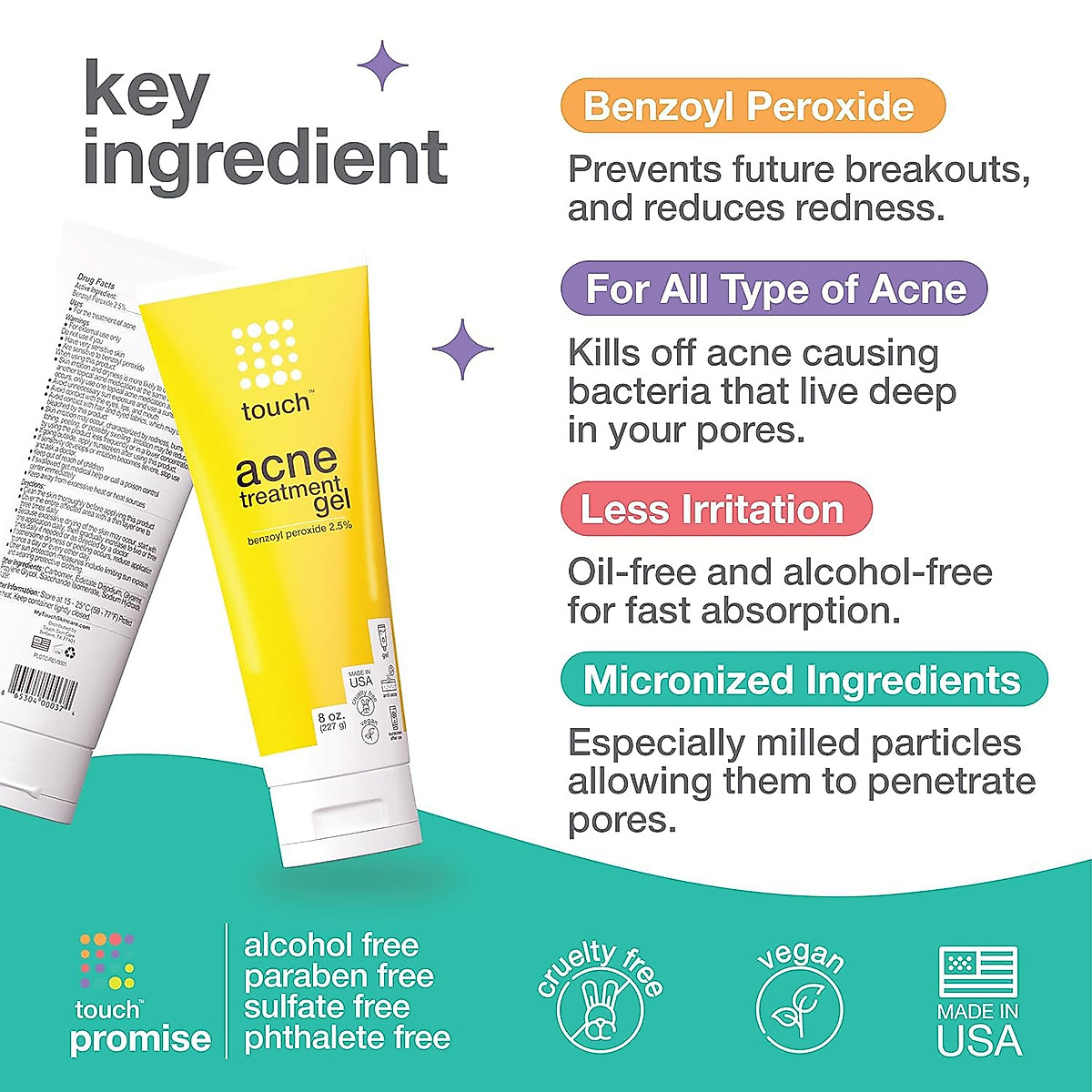 Touch Benzoyl Peroxide 2.5% Gel Cream For Acne - Pimples and Cystic Acne Spot & Daily Face and Back Medication for Adults & Teens – Goes on Clear Lightweight & Non-Drying - Large 8 oz.