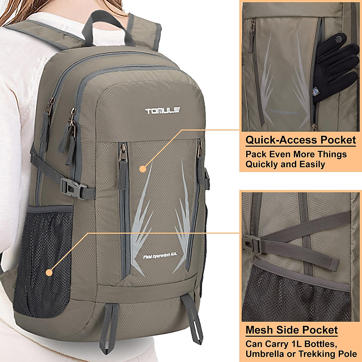 TOMULE Day Hiking Backpack for Women,Small Waterproof Backpack for Women,Lightweight Travel Backpack for Women Grey