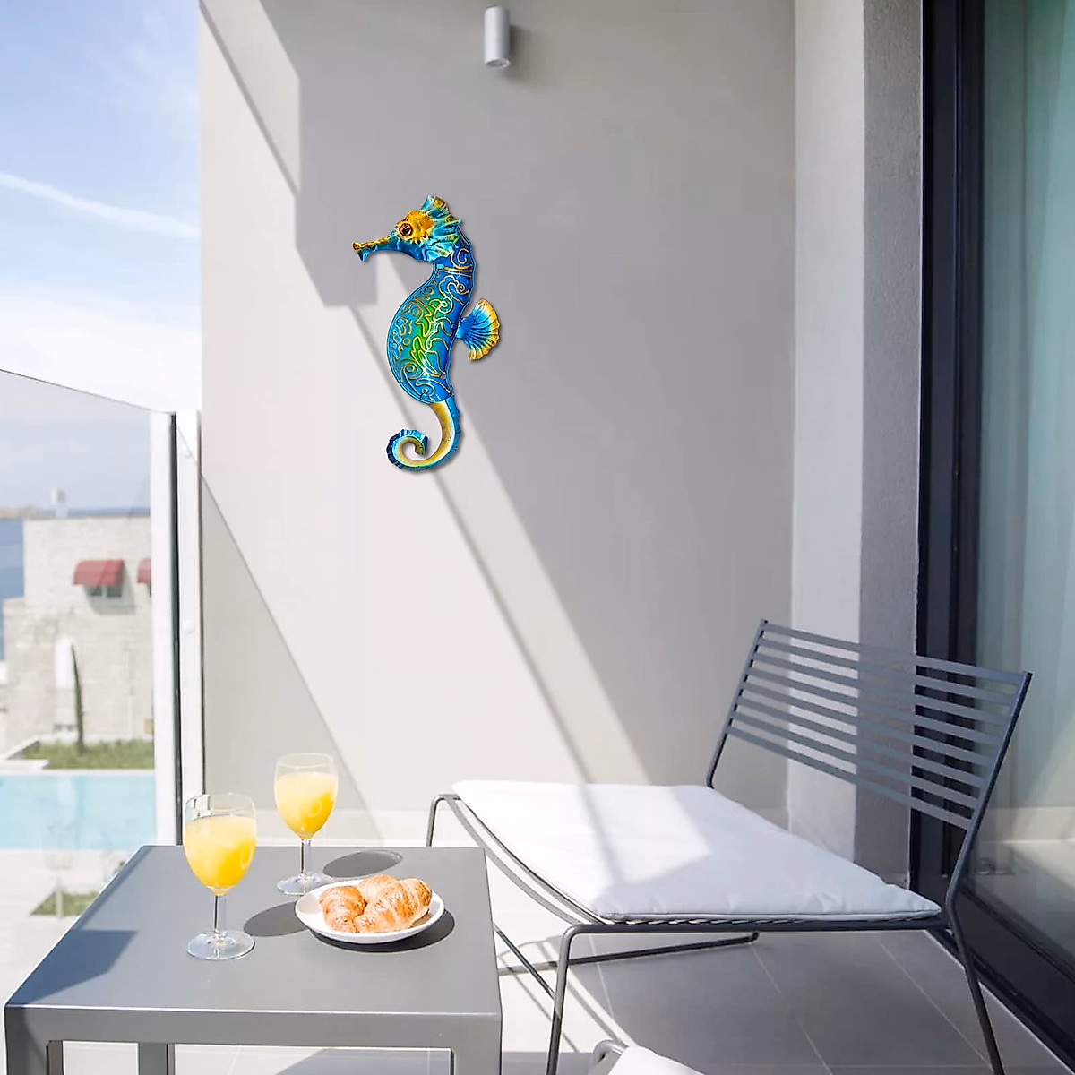 John's Studio Seahorse Sea Wall Decor Outdoor Metal Garden Hanging Art Glass Sculptures Home Ocean Theme Decorations for Kitchen Bathroom and Pool