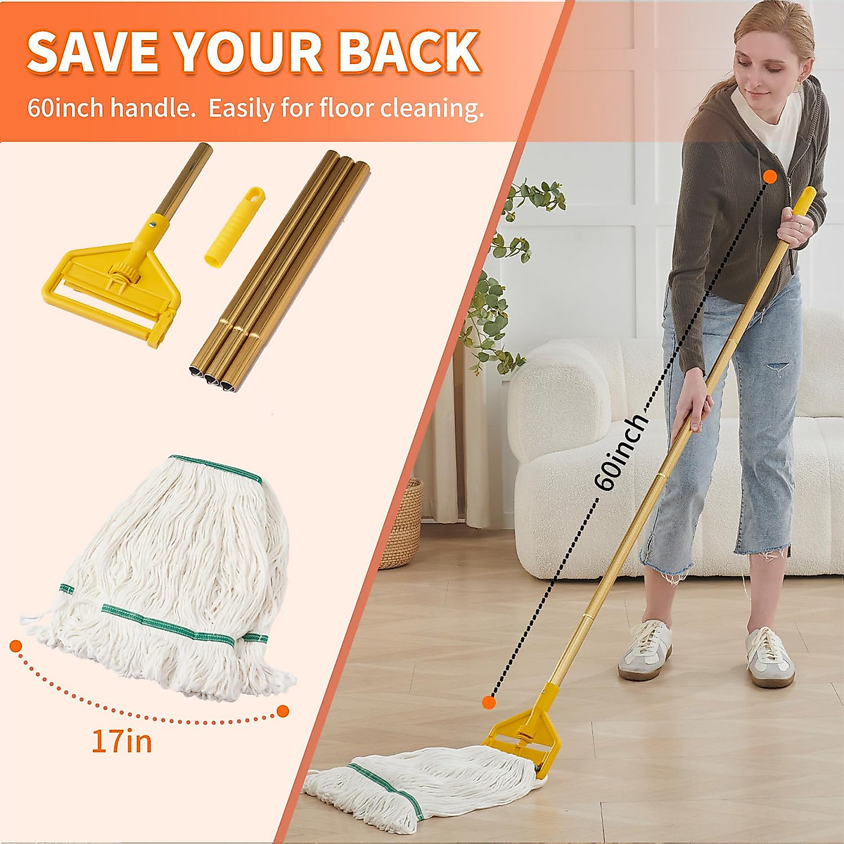 Midoneat Commercial Mop, Heavy Duty Industrial Mop with Two Extra Replacement Mop Head,60" Long Handle Looped-End String Wet Cotton Mops for Floor Cleaning