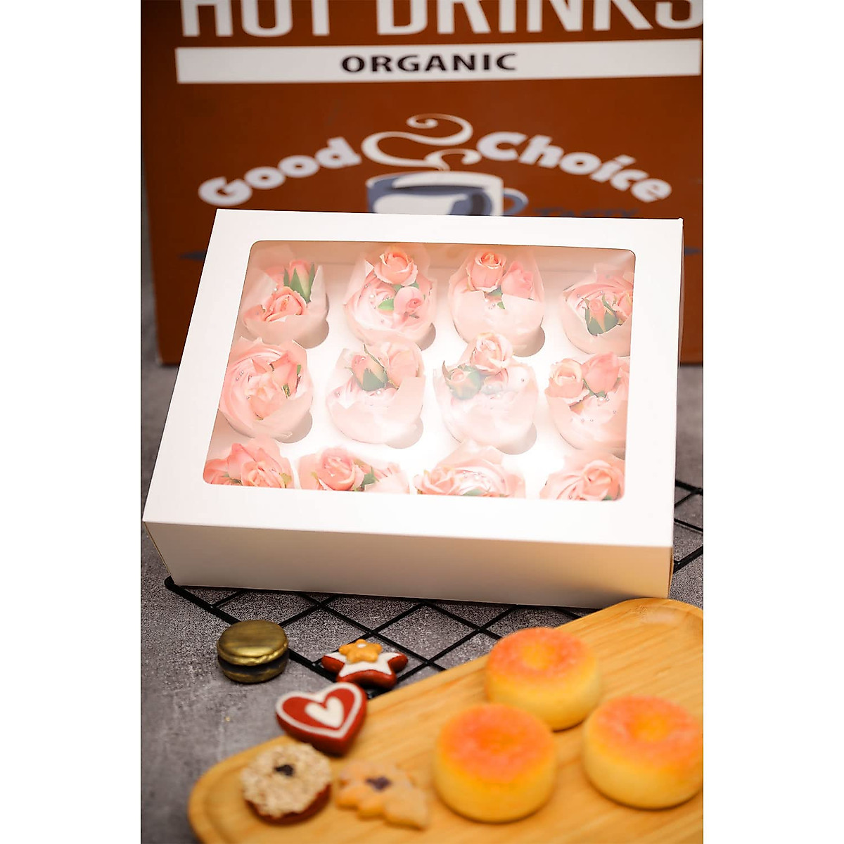 12 Cupcake Containers 12-Packs White Cupcake Box Cupcakes Carrier, 12 Cupcake Boxes with Window 13"x10"x3.5"（Auto-pop up）