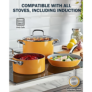 Cook N Home Non Stick Stock Pot with Lid, 6-Quart Hard Anodized Ceramic Nonstick Gumbo Pasta Pot, Induction Cookware Stockpot for Cooking, Canning, Sauce, Ollas para Cocina, Yellow
