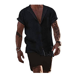 MBETA Cotton and Linen Solid Color Cardigan Loose Short Sleeve Shirt Suitable for Summer Menswear