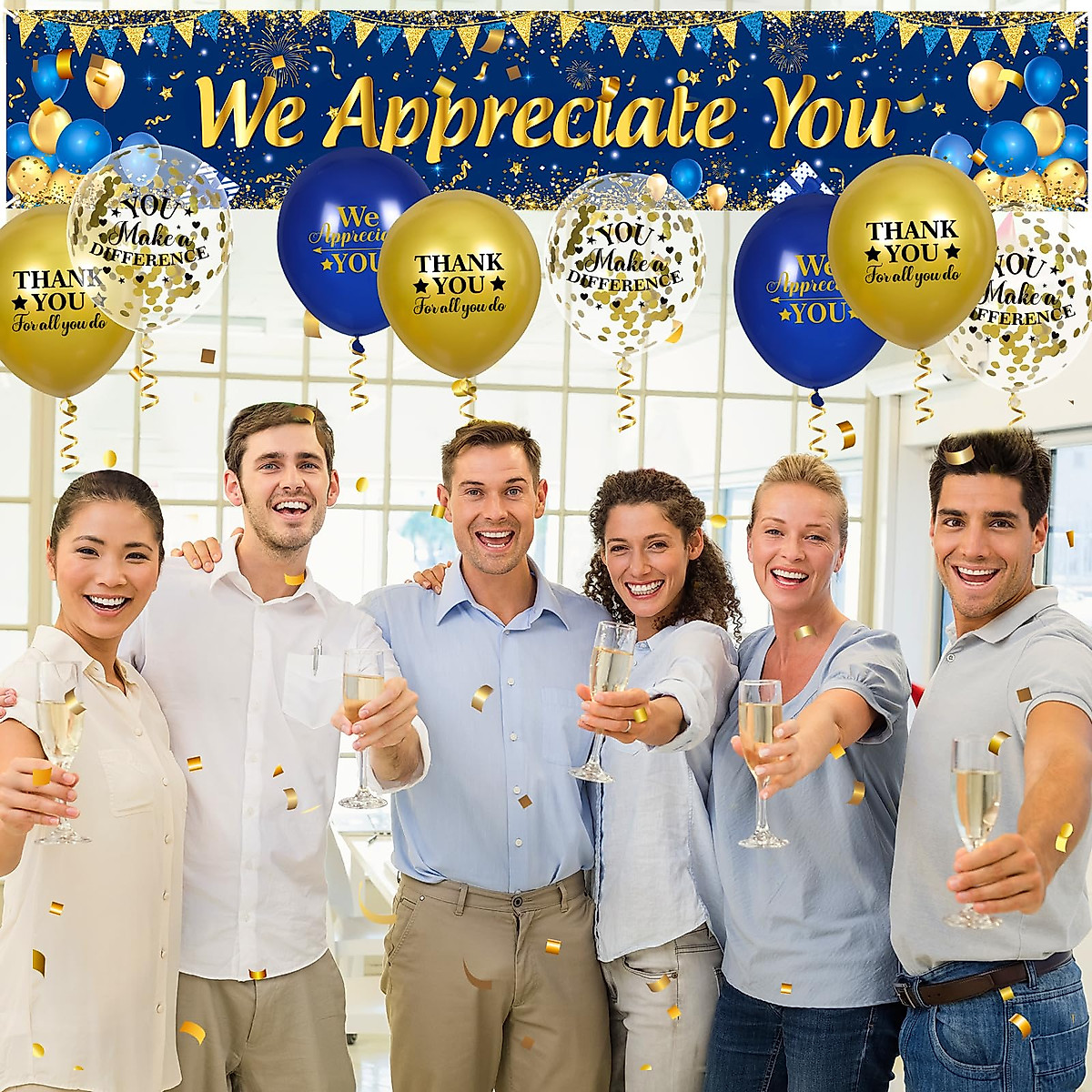 We Appreciate You Decorations Blue Gold Appreciate You Banner Yard Sign with 18 Pcs Balloons Thank You for All You Do Banner Employee Staff Appreciation Gifts Teacher Doctor Appreciation Party Decor