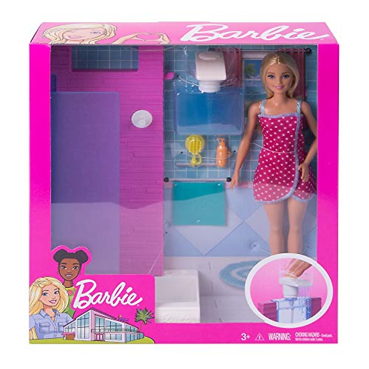 Barbie Doll and Furniture Set, Bathroom with Working Shower and Three Bath Accessories, Gift Set for 3 to 7 Year Olds​​