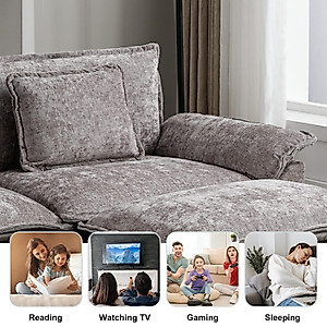 URRED Sectional Sofa Couch, Modern Chenille Sofa Sleeper Deep Seat Couches with Ottoman/Pillows for Living Room, Grey