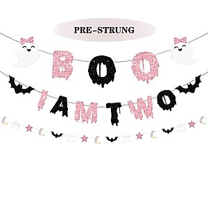 Boo I'm Two Halloween Banner and Ghost Bat Moon Star Garland Pink Black Glitter- Halloween 2nd Birthday Party Decorations for Girl, Here for the Boos Baby Shower Decorations