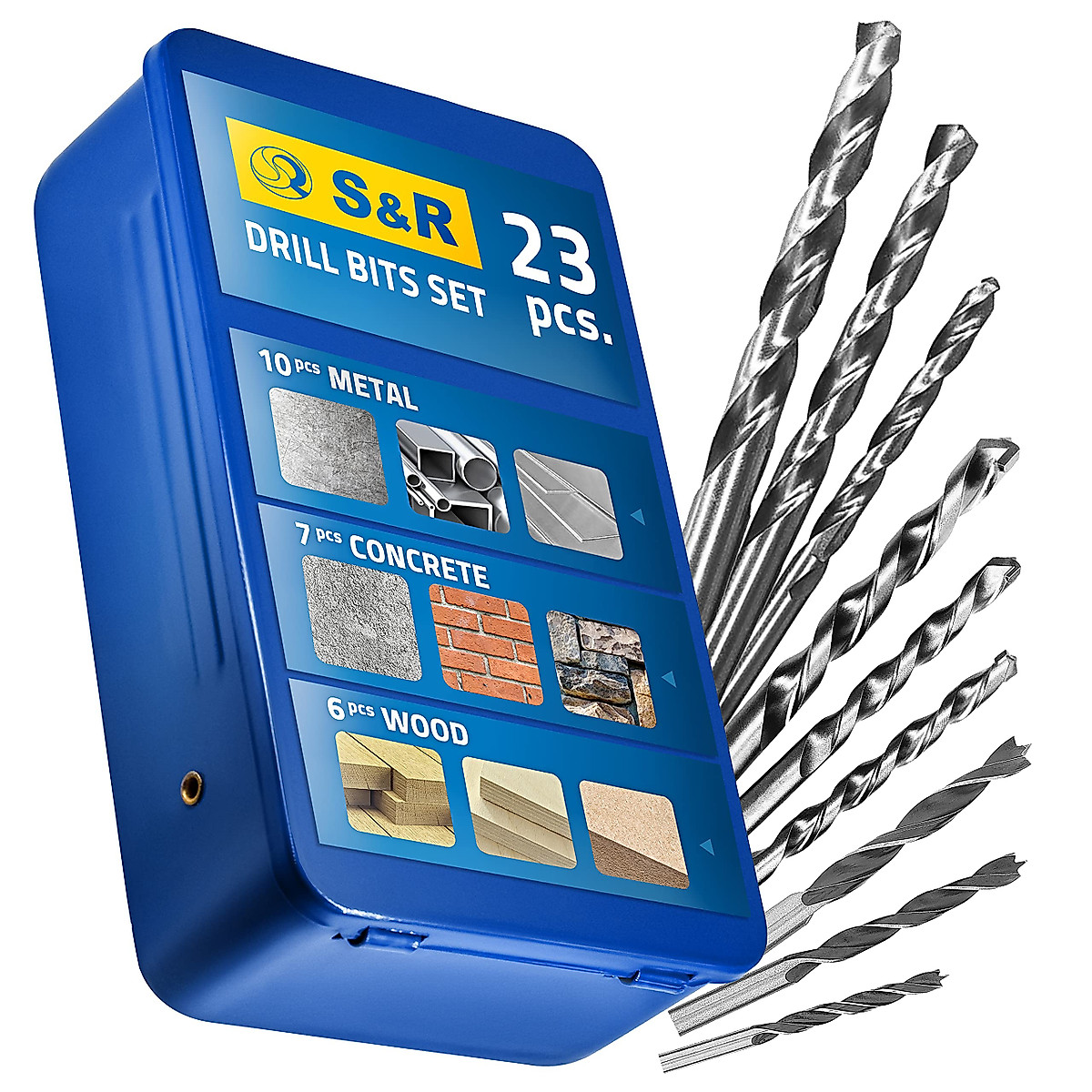 S&R Metal Concrete Masonry Drill Bit Set 23 Pcs. Multi Functional: 10 Metal Drills HSS M2 Steel / 7 Concrete Drills / 6 Wood Drills/Bits Set in Metal Box Multi-Purpose