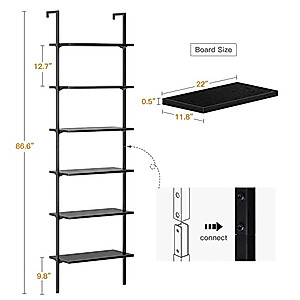 ODK 6-Tier Ladder Shelf, 87 Inches Wall Mounted Ladder Bookshelf with Metal Frame, Open Industrial Shelves for Home Office, Bedroom and Living Room, Black