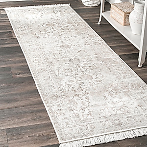 nuLOOM Elyse Vintage Floral Fringe Runner Rug, 2' 8" x 8', Ivory