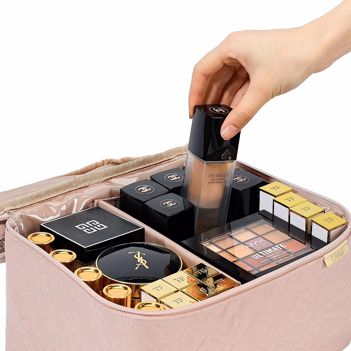 NISHEL Large Double Layer Travel Makeup Bag Women, Cosmetic Case, Organizer for Travel-Size Accessories Bottles, Brushes, Conditioner, and Skin Care Products, Pink