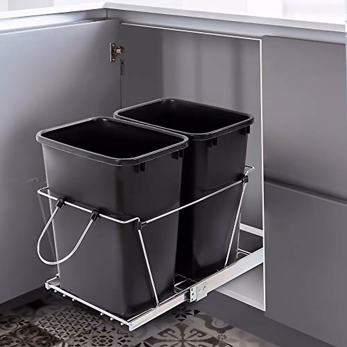 Saicool Pull Out Double Trash Can 35 Quart Metal Sliding System Pullout Shelf for Garbage Bin- Adjustable Under Counter Garbage Can Recycling Bin for Kitchen Cabinets