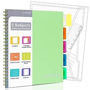 MOWEE Spiral Notebook - 5 Subject Notebook, College Ruled Notebook 3-Hole Punched With Dividers, Storage Pockets, 11" Ruler, 100 Sheets of 200 Pages, for Writing Journal, Home &Office, School