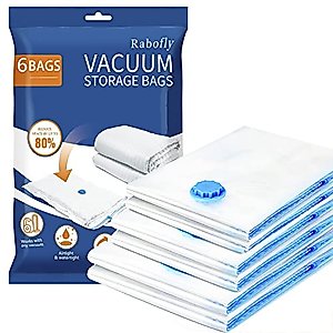 rabofly Premium Vacuum Storage Bags, 80% More Storage, 6 Pack (2 x Jumbo, 2 x Large, 2 x Small) Double Zip Seal for Duvets, Bedding, Pillows, Clothes, Quilts, Sweater, Comforters