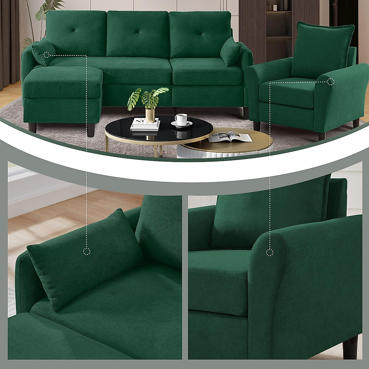 Tornama Sectional Sofa Set 77" Convertible Sofa and Accent Chair Small 3 Seat L Shaped Couch with Reversible Ottoman and Side Pockets, Modern Linen Sofa Couch for Living Room, Office, Apartment, Green