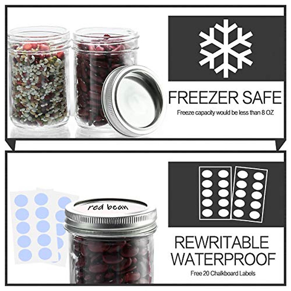 KAMOTA DIY Glass Mason Jars With Bands, 8 oz, Ideal for Jam, Spice, Honey, Wedding , Shower Favors, 12 PACK, Extra 12 Regular Lids & 20 Whiteboard Labels