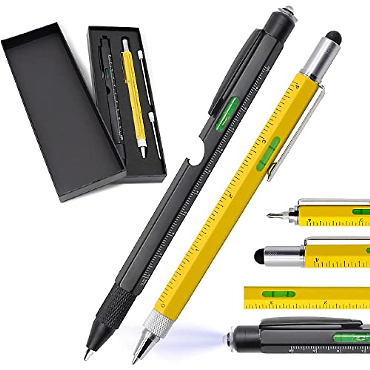 BCHARYA 15 in 1 Multitool Pen, Gifts for Men Stocking Stuffers, Cool Gadgets for Men Gifts Ideas for Engineer Woodworkers Carpenter, Stylus Ruler Level Screwdriver Ballpoint Pen LED Light