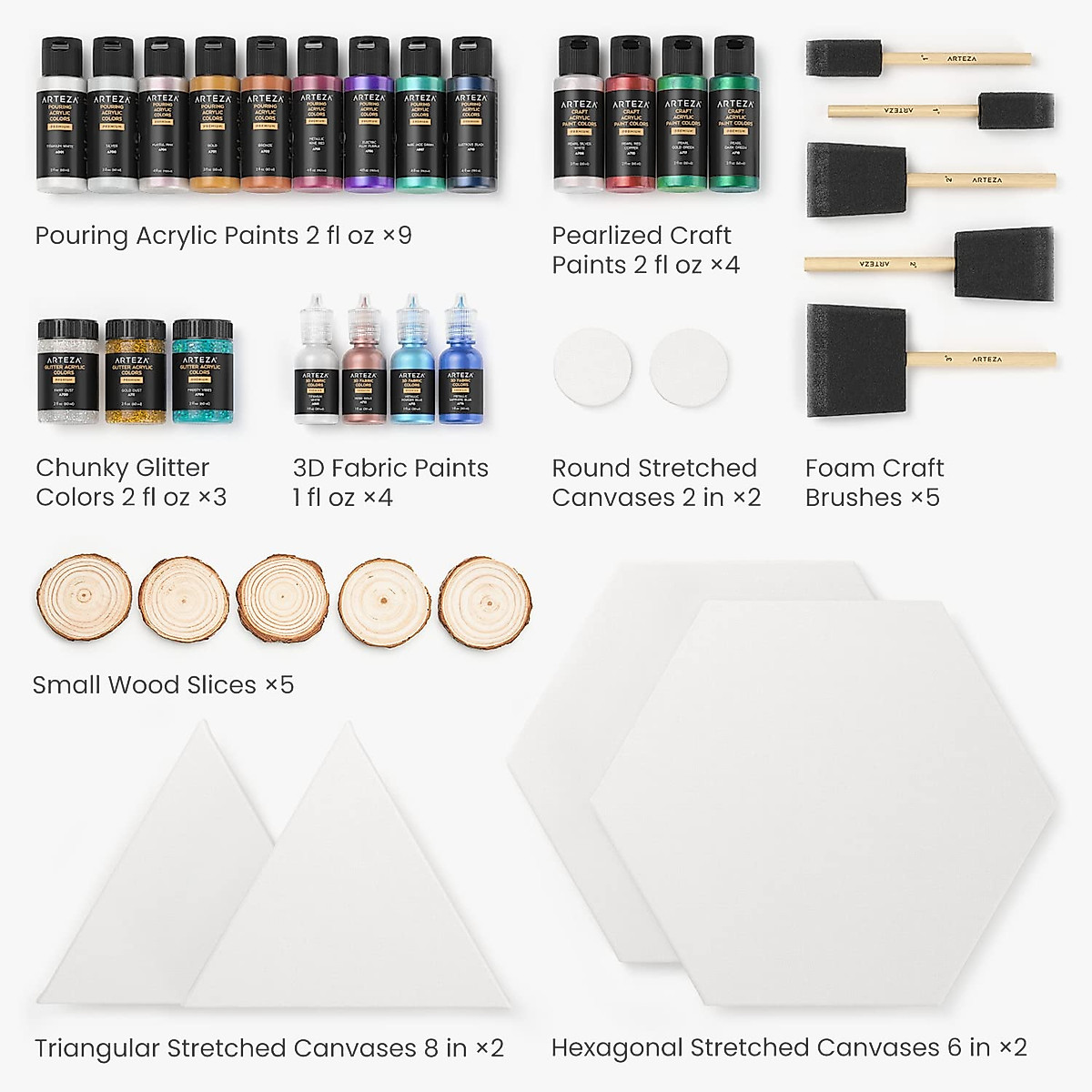 Arteza Acrylic Pouring Paint Kit, 36 Pieces, Bright and Iridescent Pouring Paint, Pearlized Paint, 3D Fabric Paint, Chunky Glitter, Wood Slices, Canvases, and Foam Brushes, Art Supplies for Painters