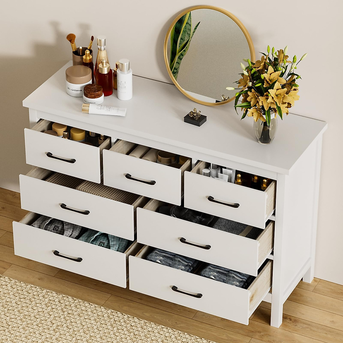 CARPETNAL White Dresser for Bedroom, 7 Drawer Dresser with Wide Drawers and Metal Handles, Woode Dressers & Chests of Drawers for Hallyway, Entryway.