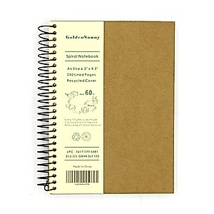 Small Spiral Notebook, 240 Lined Pages, A6 Size Wide Ruled Paper, Recycled Hard Cover - GoldenSunny